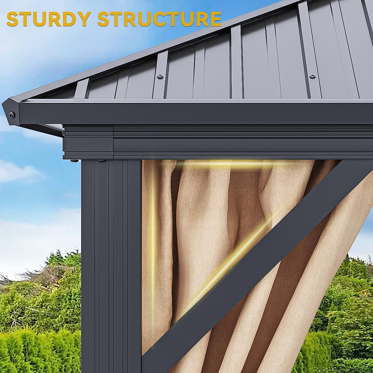 DWVO 10x10ft Hardtop Gazebo Double Roof with Nettings and Curtains, Heavy Duty Galvanized Steel Outdoor Vertical Stripes Roof for Patio, Backyard, Deck, Lawns, Brown