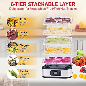 HOPERAN Food Dehydrator, 6 Trays Dehydrator with 72H Timer & 95-167℉ Temperature Control & LED Display, Dehydrators for Food and Jerky, Fruits, Herb, Veggies, Pet Treat, BPA-Free, Recipe Book Included