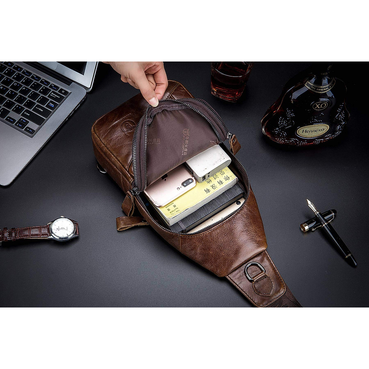 Leather Sling Bag for Men,Casual Crossbody Shoulder Backpack Travel Chest Bag