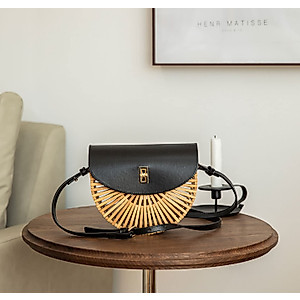 RULER TRUTH Handwoven Bamboo Bag Summer Straw Purse Crossbody Bags for Women Natural Bamboo Bag with Leather Strap, Women's Handmade Beach Purse Wicker Beach Bag Basket Purse Adjustable Strap