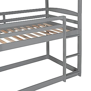 BOVZA Twin Over Twin Over Twin Bunk Bed, Wooden Triple Bunk Bed with Guardrails and Ladders, for Kids and Teens, Gray