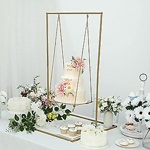 TABLECLOTHSFACTORY 3ft Tall Gold Metal Hanging Dessert Display Centerpiece with Jute Rope, Cake Stand Swing