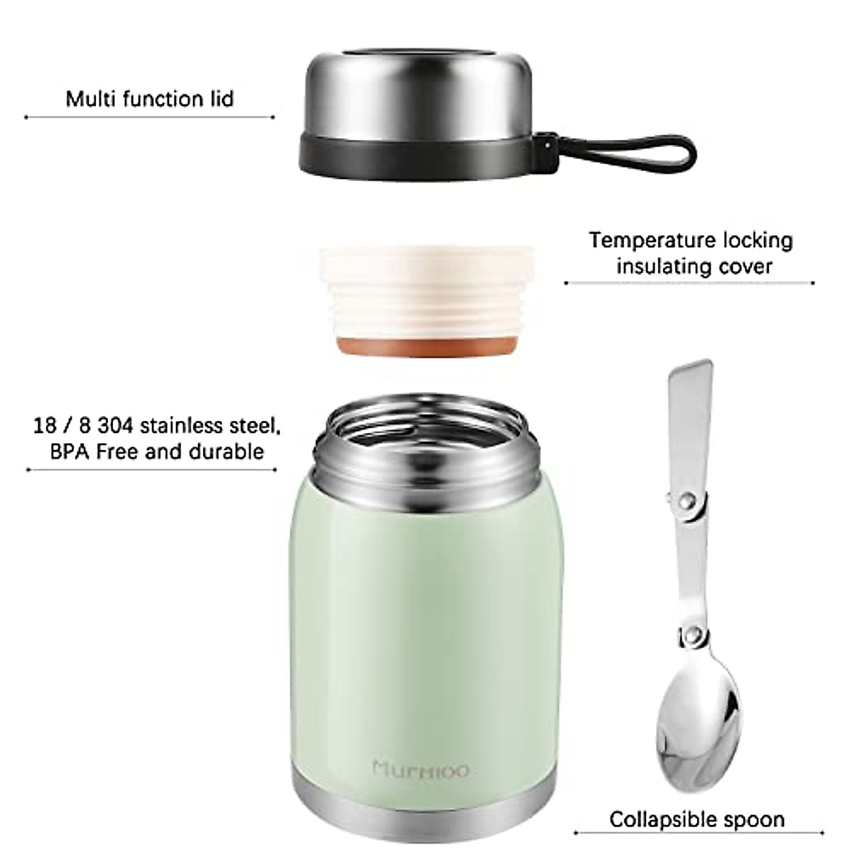 Murmioo Soup Thermos for Hot Food,Insulated Food Jar,Stainless Steel Vacuum Hot Food Lunch Containers,Hot & Cold Lunch Containers For Adults for Office,Outdoor (24oz/700ml) green