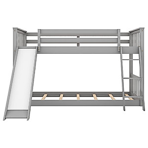 Harper & Bright Designs Bunk Bed Twin Over Twin,Wooden Twin Bunk Bed with Slide & Angled Ladder, Low Profile Toddler Bunk Beds for Kids, Floor Bunk Beds for Girls Boys,Grey
