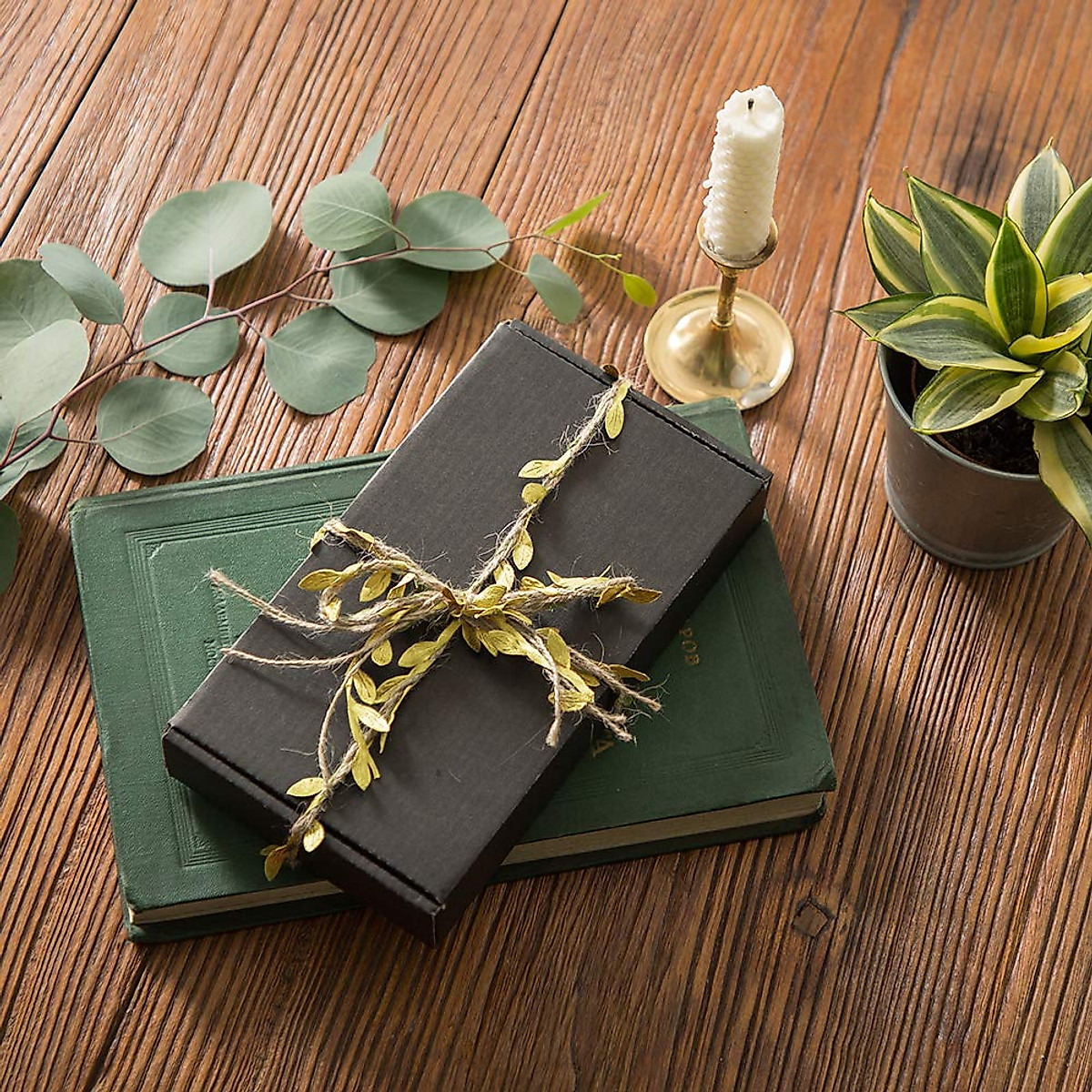 YuCool 3 Rolls 98 Feet 5MM Gold Burlap Leaf Ribbon, with Artificial Green Leaves Braided Decorated Vine for Jungle Party Wedding Garden Home Decor