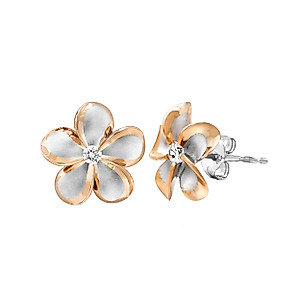 Honolulu Jewelry Company Sterling Silver with 14K Rose Gold Plated Trim CZ Plumeria Flower Nature Stud Earrings, 12mm