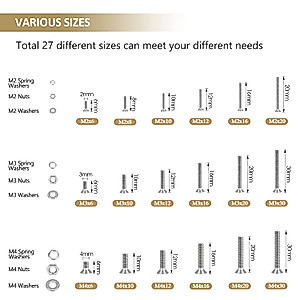 1504 Pieces Phillips Countersunk Head Machine Screws Nuts Washers Kit, Kindroufly M2 M3 M4 Screw Assortment Kit, Machine Screws, 304 Stainless Steel