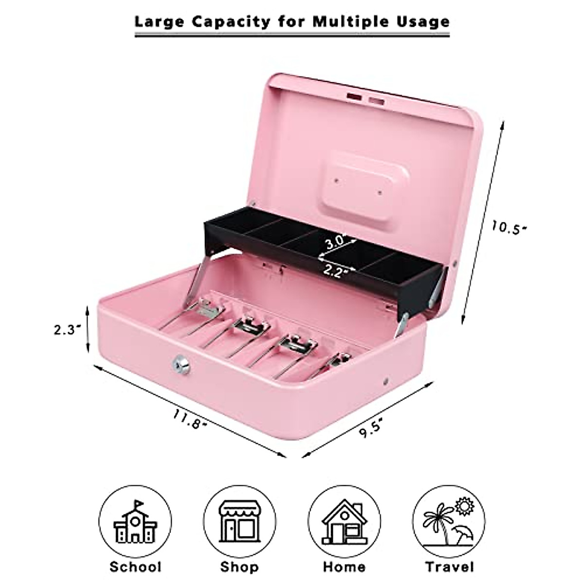xydled Cash Box with Money Tray and Key Lock,Tiered, Cantilever Design,4 Bill / 5 Coin Slots,11.8" x 9.5" x 3.5",Pink