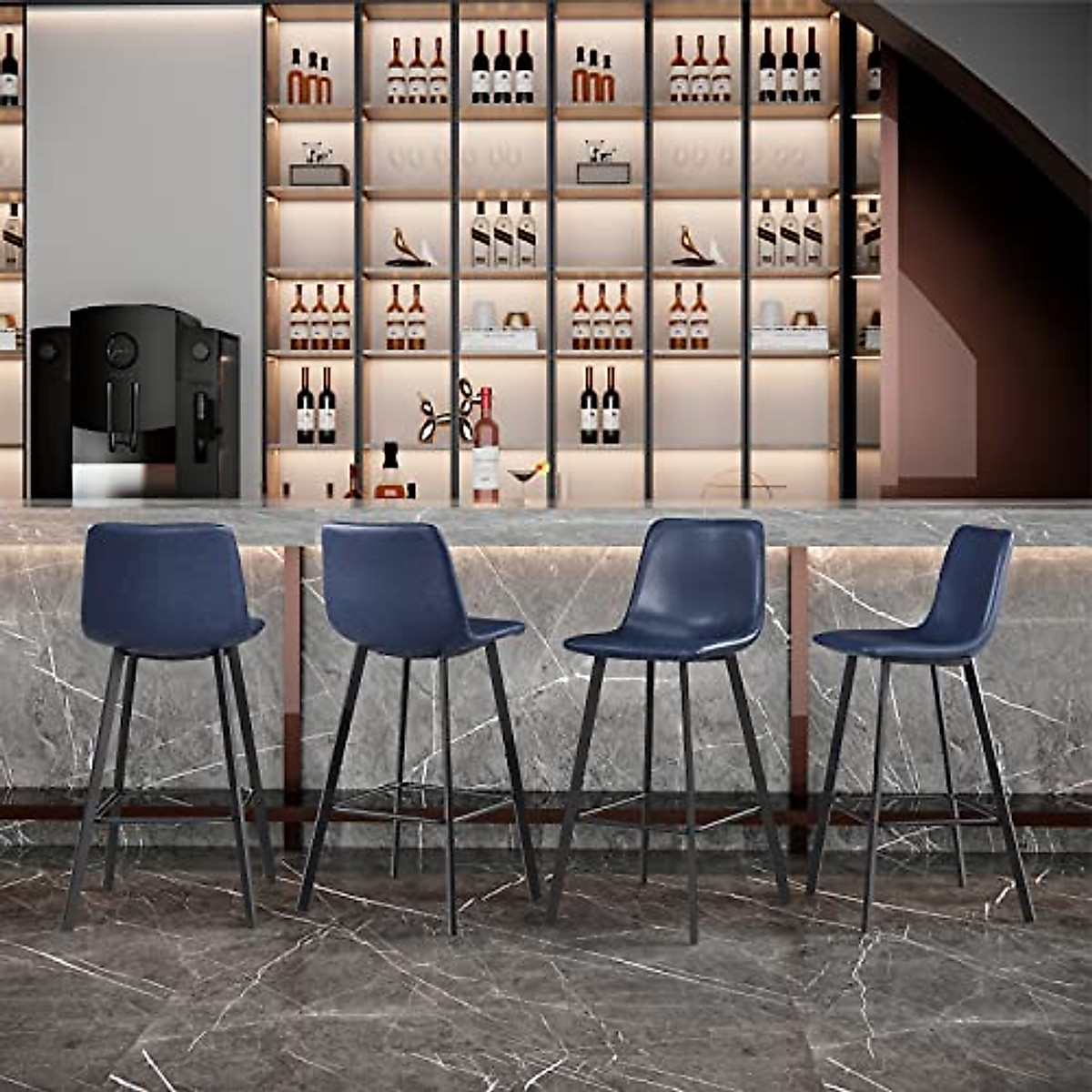 OUllUO Counter Bar Height Barstools with Back, 29 in PU Leather Bar Stools Set of 2, Upholstered Armless Tall Bar Stools for Kitchen Island, Cafe, Pub, Bistro, BS244, Navy Blue, 2Pcs