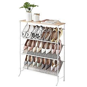 Nevfiro 4-Tier Shoe Rack Storage Organizer, Narrow Shoe Rack Shelves with 3 Metal Mesh for Bedroom Closet, Entryway, Hallway, Wire Grid, Shoe Shelf with Wood Top Board, 10-12 Pairs