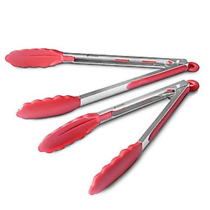 MEKBOK Kitchen Tongs Set - Salad & Grill Stainless Steel Serving Tongs with Silicone Tips - 9"&12" (Red)