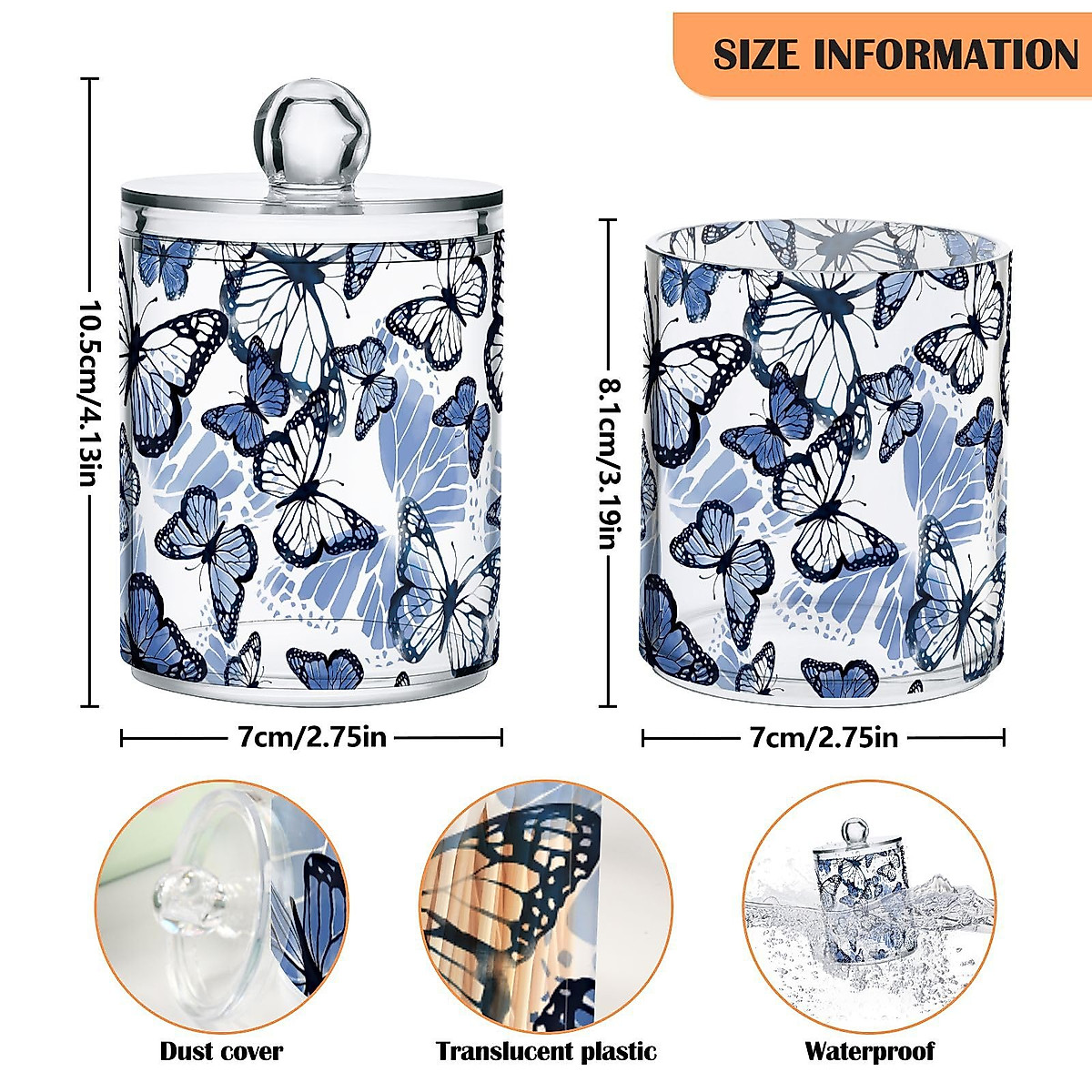 SDMKA 2 Pack Apothecary Jars Bathroom Blue Butterfly Qtip Holder Dispenser Clear Plastic Storage Canister Jar with Lid for Cotton Ball, Cotton Swab