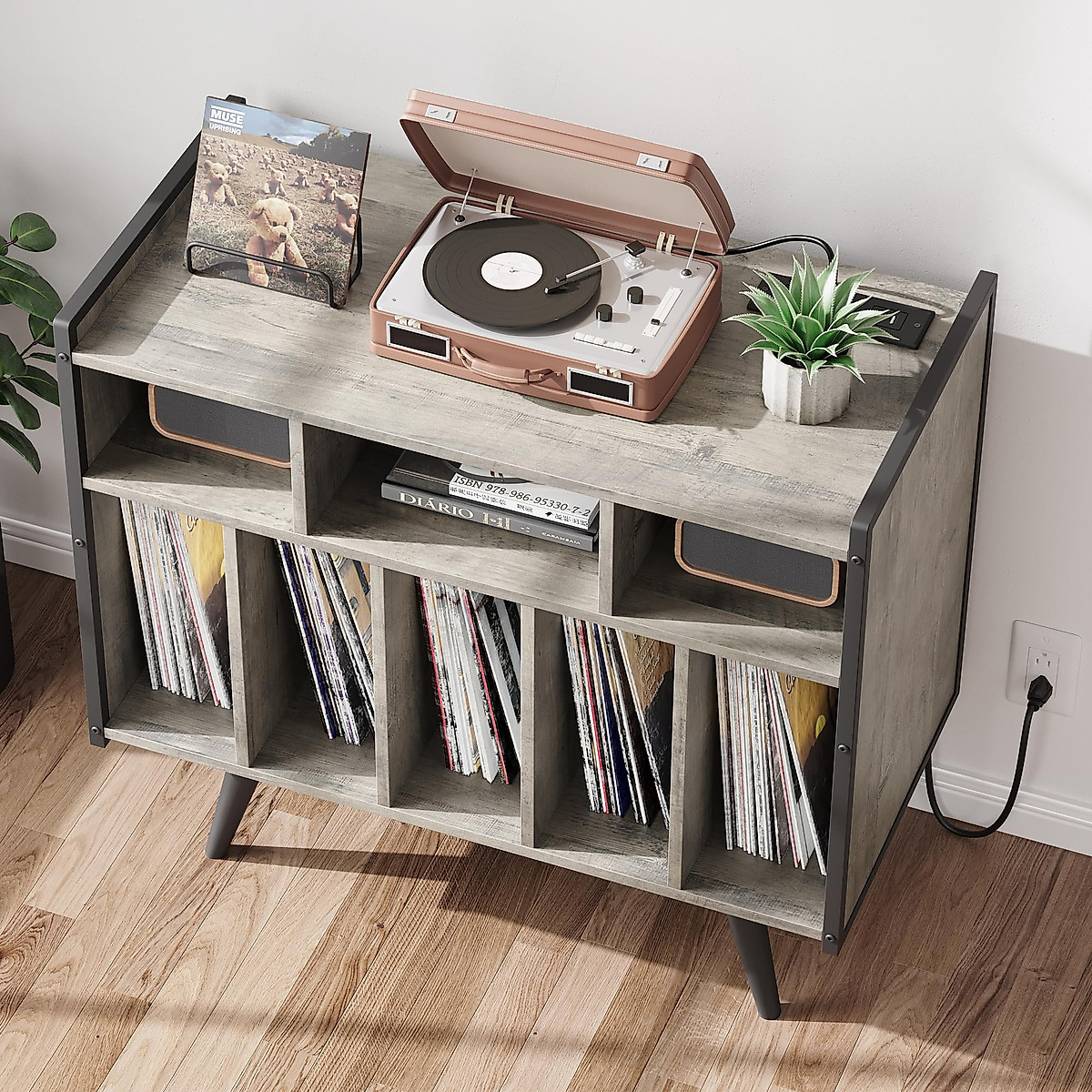 IDEALHOUSE Record Player Table Stand, Grey Record Album Storage Cabinet with Power Outlet, Large Wooden Turntable Stand for Living Room, Bedroom, Office