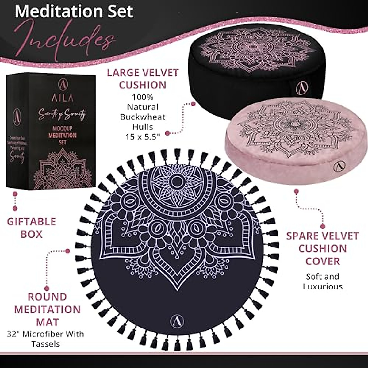 Aila Meditation Pillow Set With Mat & Extra Cushion Cover – Luxurious Meditation Accessories Spiritual Decor Round Zafu Cushion Meditation Chair – Meditation Floor Pillow for Women Yoga and Meditation