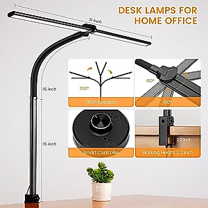 StarMoitic LED Desk Lamp for Home Office - Dual Swing Arm Eye-Caring Architect Task Lamp, 24W Adjustable Flexible Gooseneck Clamp Light, Infinitely Dimmable Modern Desk Lamp for Work/Study