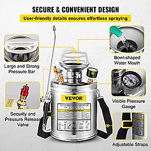 Happybuy 1 Gallon Stainless Steel Sprayer, 12" Wand & 3FT Reinforced Hose, Hand Pump Sprayer with Pressure Gauge, Safety Valve & Adjustable Nozzle, Garden Weed Sprayer for Lawn, Gardening, Sanitizing