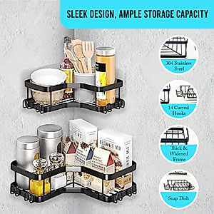 Modern Corner Caddy Stainless Steel Shelf for Shower, Adhesive Backing, 𝟵𝟬 𝗗egree Corner Shower Organizer Set with Soap Holder & Adjustable Hooks, Storage Shelves for Clutter-Free Washroom- Black