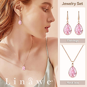 Linawe Rose Gold Pink Jewelry Sets, Crystal Pendant Necklace Set Pink Earrings Dangling Imitation Diamond Rhinestone Cubic Zirconia Birthstone Teardrop Dangle Matching Wedding Set