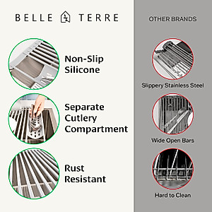 BELLE TERRE Roll Up Dish Drying Rack for Kitchen Sink - 17.5" x 12.8" - Silicone Roll-Up Dish Rack with Utensil Tray - Roll Out Dish Drying Rack Over Sink - Solid Steel Construction