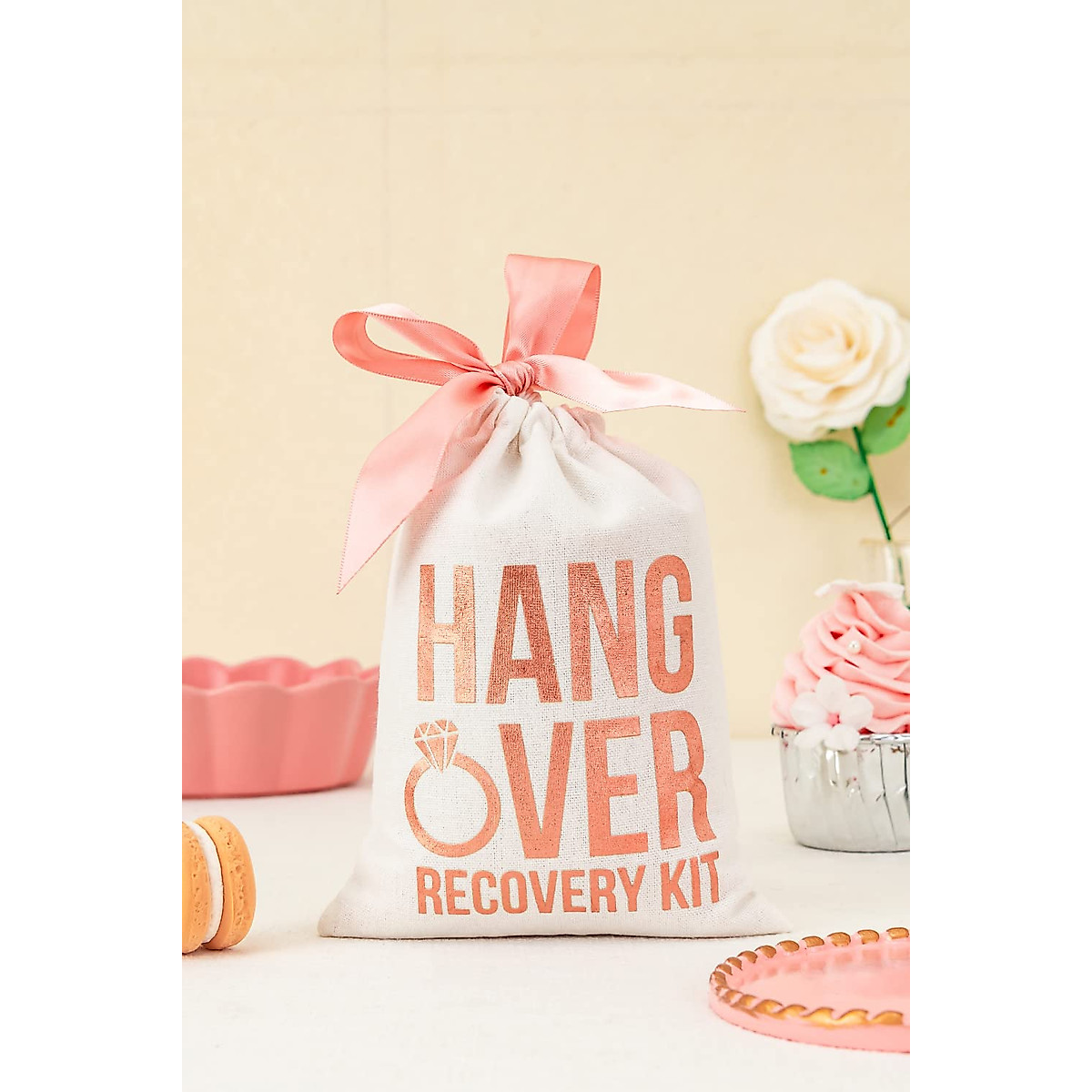 MEJOY 10pcs Wedding Party Favor Bags,Rose Gold Foil Gift Bags,HANGOVER Bags, Hangover Kit Bags for Bridal Shower Bachelorette Recovery Kit Bags Cotton Muslin Drawstring Bag (ROSE RING, 5"x7")