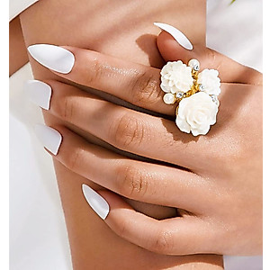 CZ Three White Flower Pearl Open Band Ring for Women Girls Gold Plated Cubic Zirconia Imitation Pearls Resin Rose Flowers Statement Adjustable Expandable Finger Rings Comfort Fit Christmas Jewelry