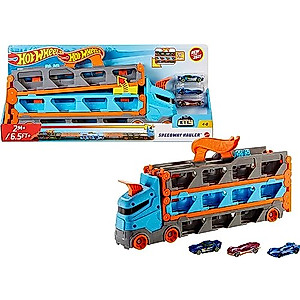 Hot Wheels Speedway Hauler Storage Carrier with 3 1:64 Scale Cars & Convertible 6-Foot Drag Race Track for Kids 4 to 8 Years Old, Stores 20+ Cars, HGH33