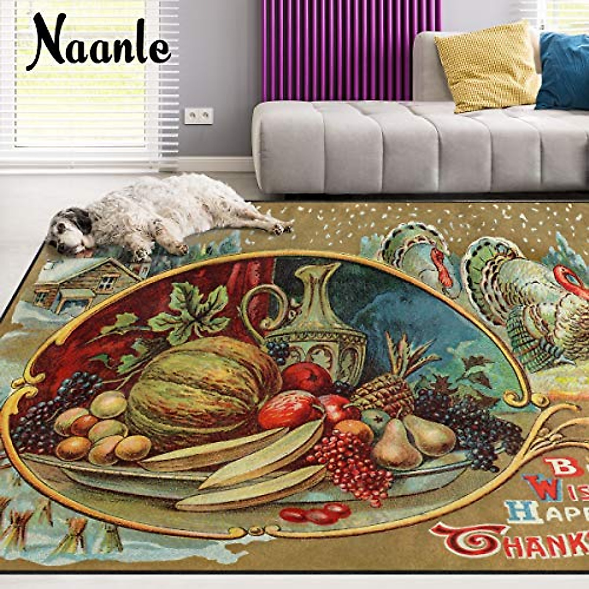 Naanle Holiday Area Rug 5'x7', Thanksgiving Turkey Day Polyester Area Rug Mat for Living Dining Dorm Room Bedroom Home Decorative