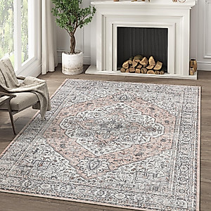 jinchan Area Rug 5x7 Accent Rug Indoor Vintage Floor Mat Soft Printed Distressed Carpet Grey Pink Non Slip Washable Floorcover for Kitchen Living Room Bedroom Dining Room