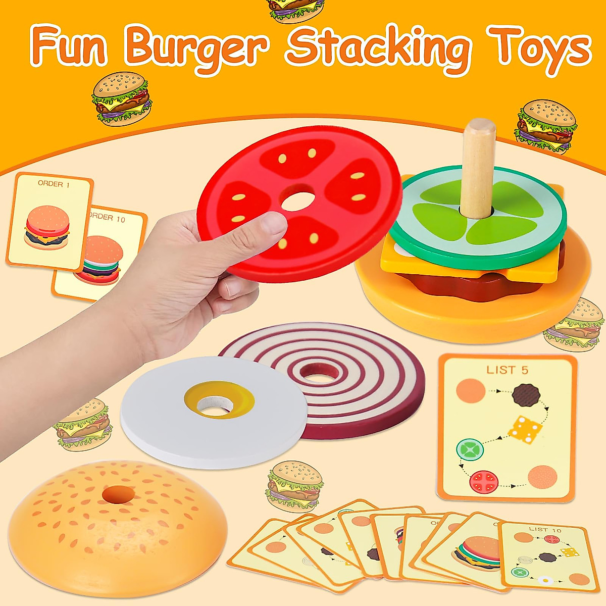 Montessori Toys for 2 3 4 5 Year Old, Wooden Burger Stacking Toys and French Fries Matching Games, Educational Fine Motor Toys for Toddlers Preschool Learning Pretend Play Food for Kid Boy Girl Gift