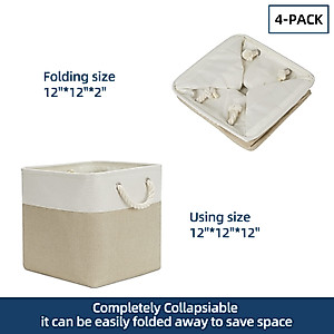 WLFRHD Storage Cubes Basket for Organizing 12x12x12 Cube Storage Bins Storage Baskets for Shelves Set of 4 Collapsible Fabric Storage Cubes Bins Closet Kids Gifts Bathroom (White and Khaki)