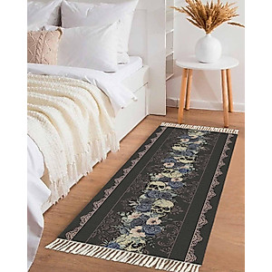 Runner Rug for Hallway 2x5ft, Halloween Skull Flowers Black Washable Runner Rugs with Tassels Woven Floor Carpet Runners for Hallways Kitchen Laundry Entryway