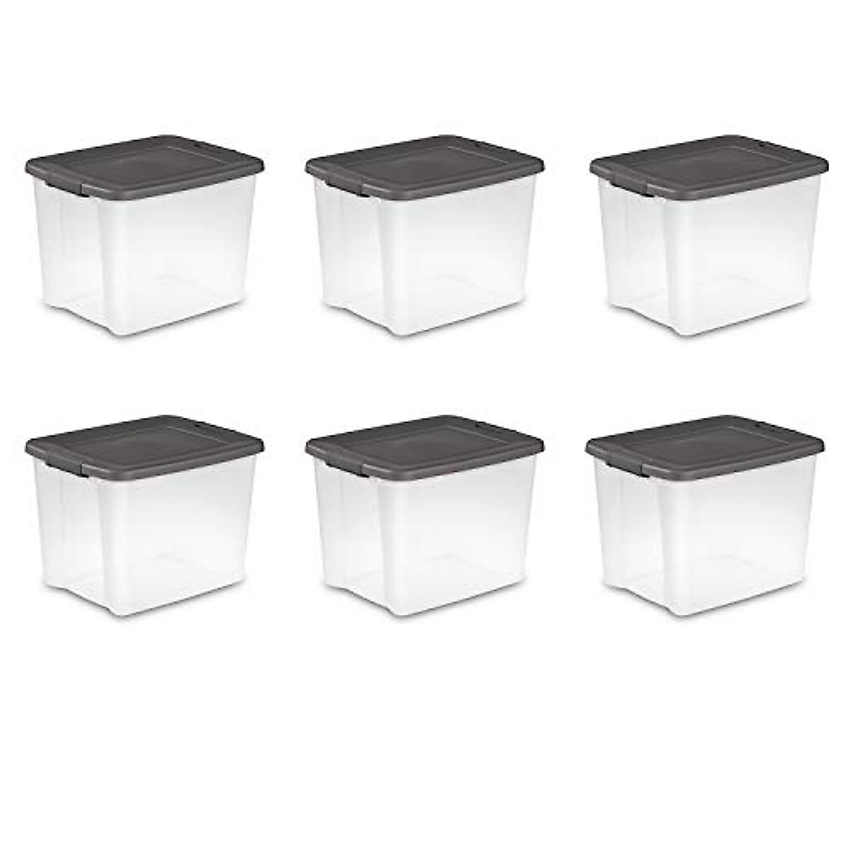 Sterilite 19373V06 50 Quart / 47 Liter Shelf Tote, Clear Base with Flat Gray Lid and Latches, 6-Pack