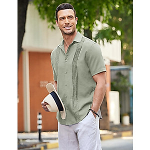 COOFANDY Cuba Shirt Linen Beach Shirts Mexican Wedding Dress Shirts Cabana Shirt Light Green