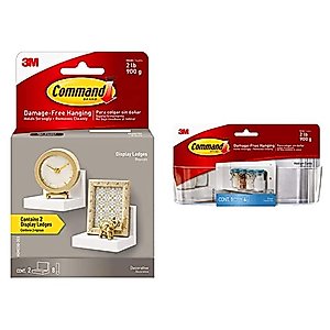 Command Display Ledges, Quartz, 2-Ledges, 8-Medium Foam Strips (HOM23Q-2ES), Great for Dorm Decor & Medium Caddy, Clear, with 4 Clear Indoor Strips, Organize Damage-Free
