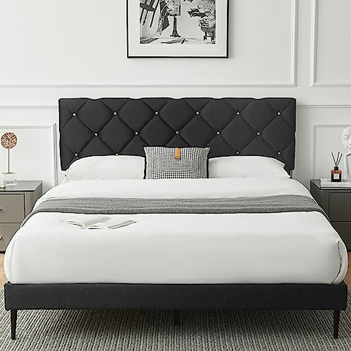 AsKmore Full Size Bed Frame,Velvet Upholstered Platform with Headboard and Strong Wooden Slats,Non-Slip and Noise-Free,No Box Spring Needed, Easy Assembly,Black