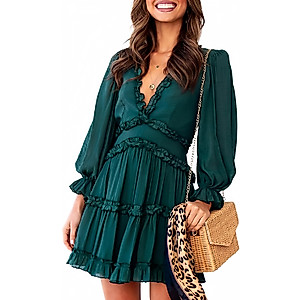 Dokotoo Womens Ladies Cute Summer Casual Summer Sexy Deep V Neck Ruffle Chiffon Lantern Long Sleeve Elegant Boho Hawaiian Flowy Mini Short Skirt Dresses for Women Party 2024 Green Large
