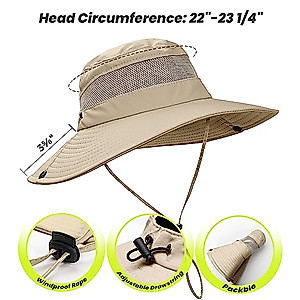 Sun Hat with High Ponytail Hole for Women, Womens UV Protection Wide Brim Foldable Waterproof Beach Bucket Safari Fishing Hat Khaki