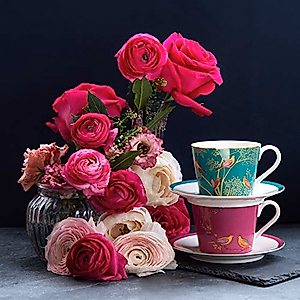 Portmeirion Sara Miller London Chelsea Teacup and Saucer, Pink | 8 Oz Cup for Drinking Tea and Coffee | Made from Fine China with Gold Detail | Handwash Only
