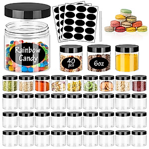 6OZ Plastic Jars with Black Lids 40Pcs Empty Plastic Pot Jars Round Refillable Clear Slime Containers Jars Airtight Plastic Storage Jars for Travel Storage Home Kitchen Food Slime Making