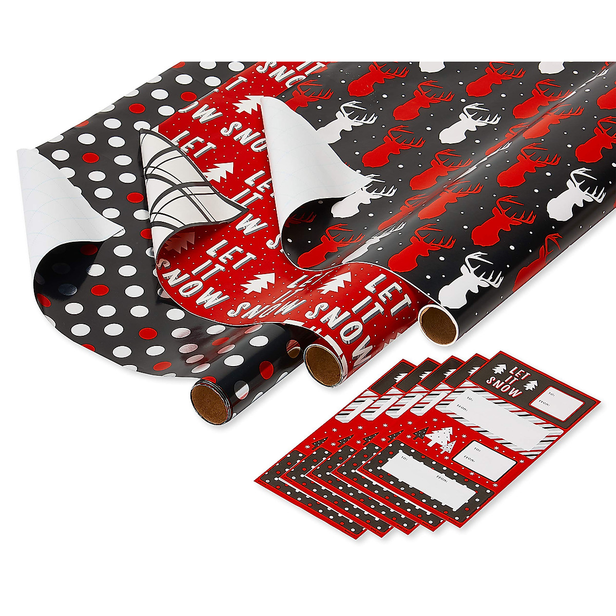 American Greetings 225 sq. ft. Christmas Wrapping Paper Set with Cut Lines, Santa, Stripes, Reindeer, Polka Dots and Snowmen (9 Rolls 30 in. x 10 ft., 60 Gift Tags)