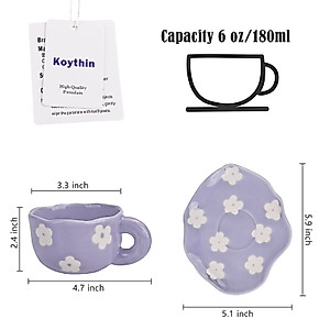 Koythin Ceramic Coffee Mug with Saucer Set, Cute Creative Cup Unique Irregular Saucer Design for Office and Home, 6 oz/180 ml for Latte Tea Milk, Mothers Day Gifts (Purple Flower)