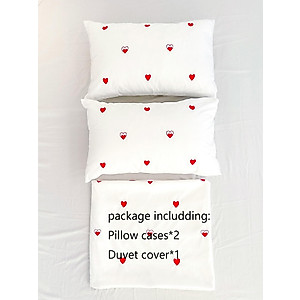 QWINEE 3Pcs Heart Embroidered Duvet Covers Sets Soft 3 Pieces Farmhouse Bedding Set with 1 Comforter Cover and 2 Pillowcases for All Season Rustic Lightweight White A Full