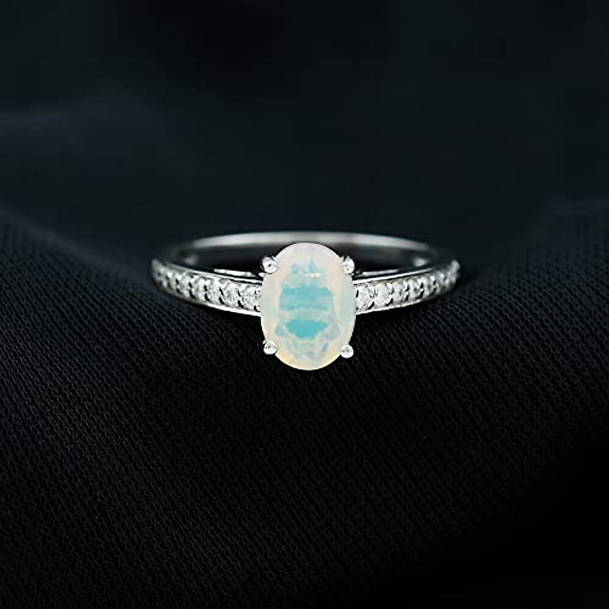 Certified Natural Opal 6X8mm Oval Shape Engagement Ring with Diamond, AAA Quality - With Jewelry Box, 14K White Gold, Size:US 6.00