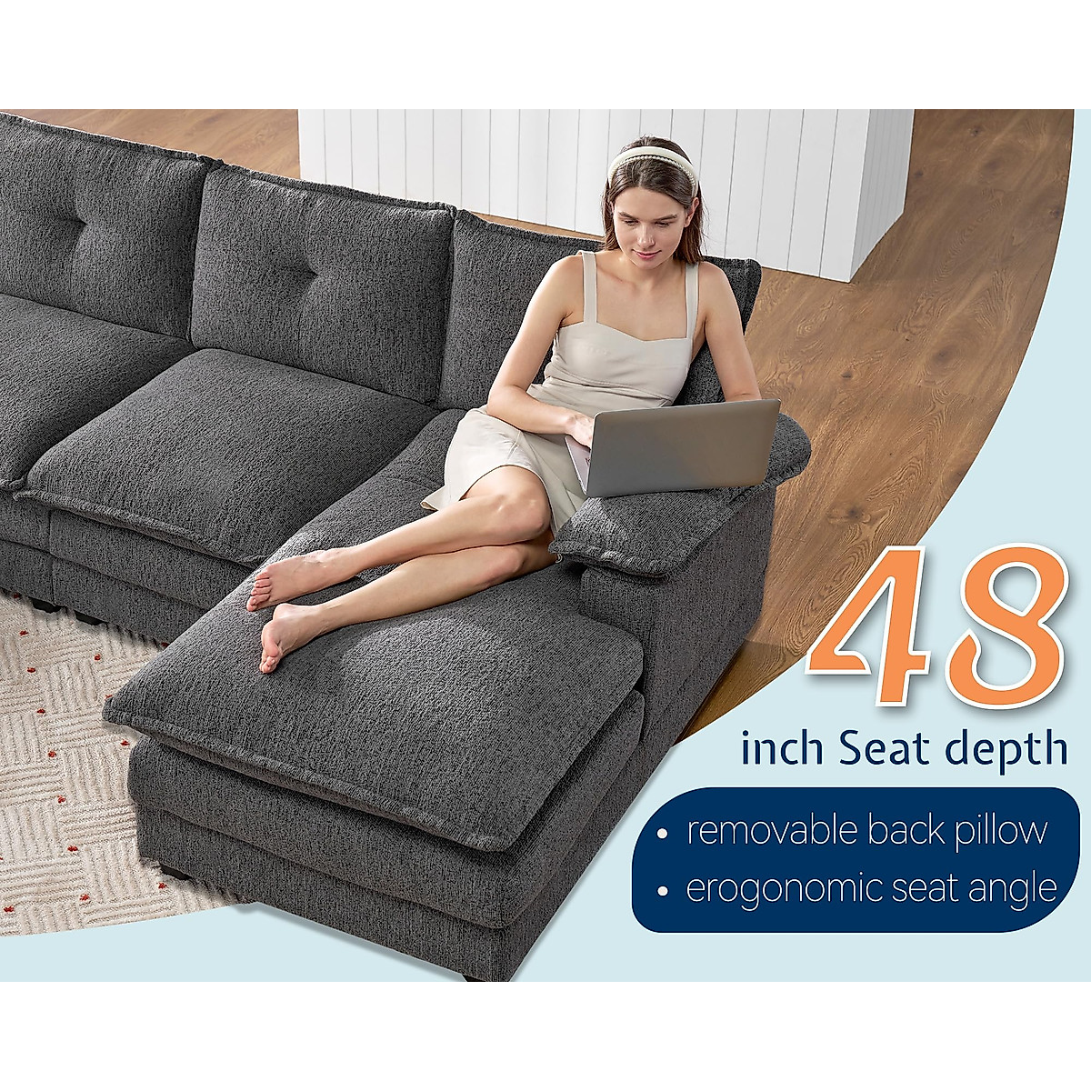 Jocisland 115 Inch Sectional Couch, Modular Sectional Sofa- Double Layer Seat Cushions, U Shaped Couch- Comfy Couches for Living Room, Grey Chenille