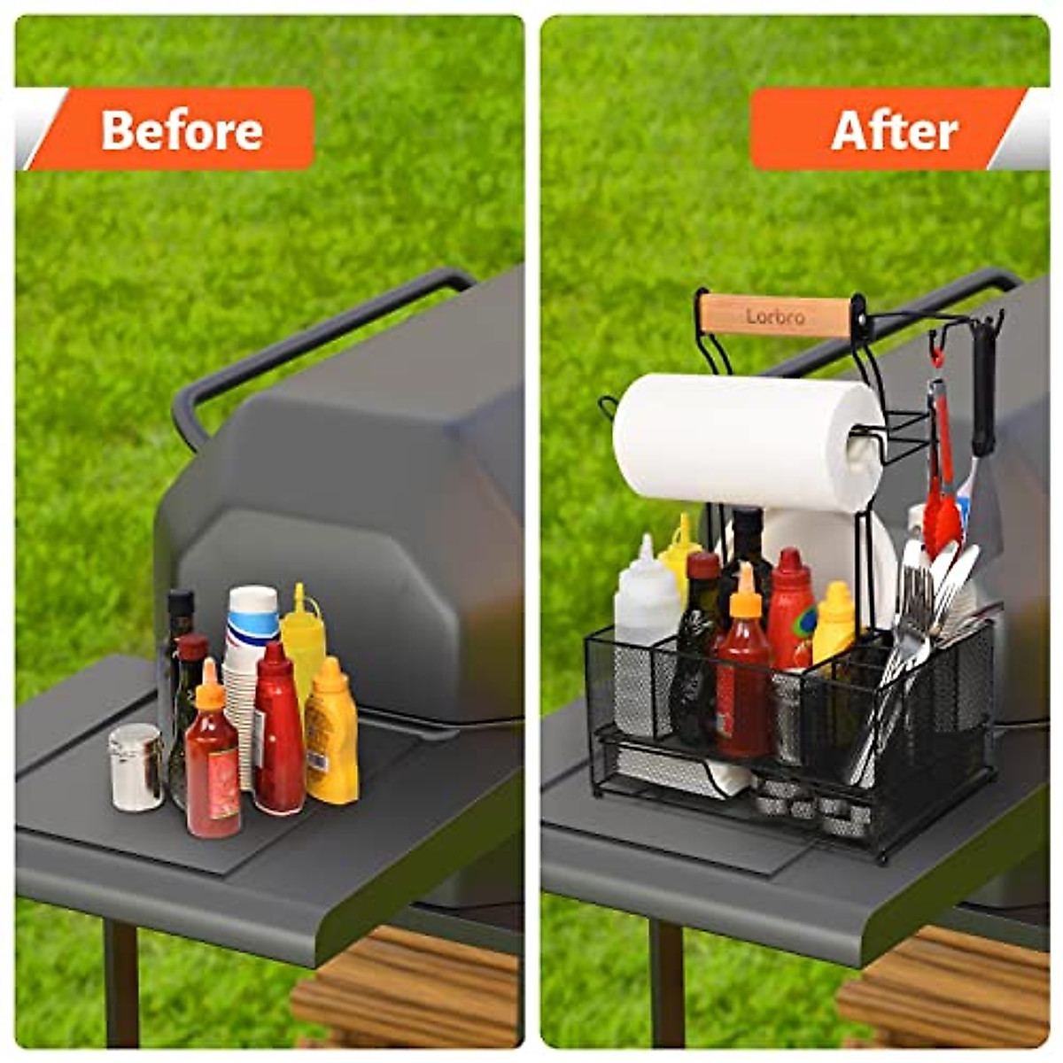 Lorbro Large Grill Utensil Caddy with Drawer, Picnic Camping Caddy with Paper Towel Holder, BBQ Organizer for Grilling Tool, Ideal Organizer for Picnic Condiment and Outdoor Griddle Accessories