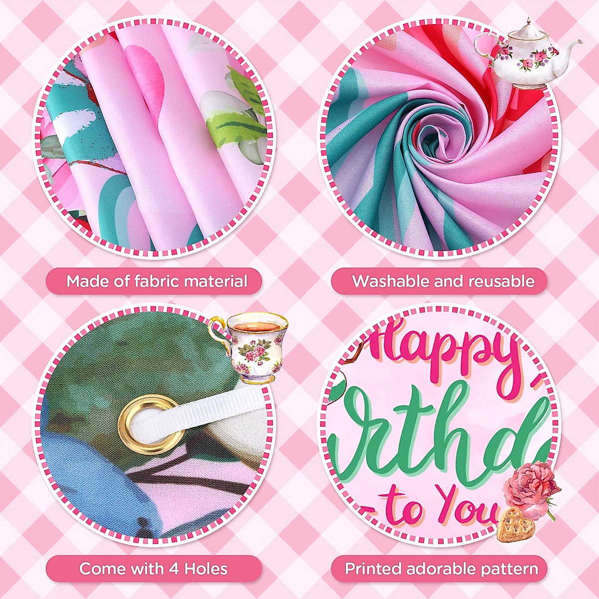 Floral Tea Party Decorations Floral Happy Birthday Banner Large Pink Floral Teapot Themed Birthday Photo Booth Backdrop Background for Birthday Baby Shower Anniversary Tea Party Supplies 71 * 44 inch