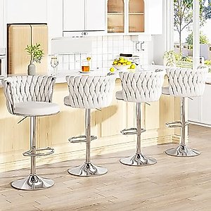 AWQM Velvet Bar Stool Set of 4,Counter Height Barstools Adjustable Kitchen Island Chairs,Swivel Bar Stools Upholstered Bar Chairs Counter Stool Armless Chairs with Back & Footrest, Beige