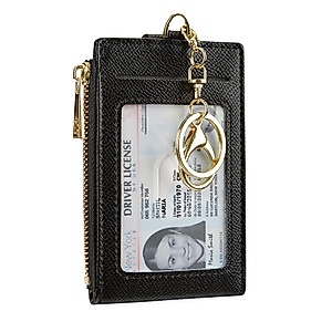 Cynure Women & Men Leather RFID Blocking Card Holder Slim Small Zipper Keychain Front Pocket Wallet with 2 ID Window, black