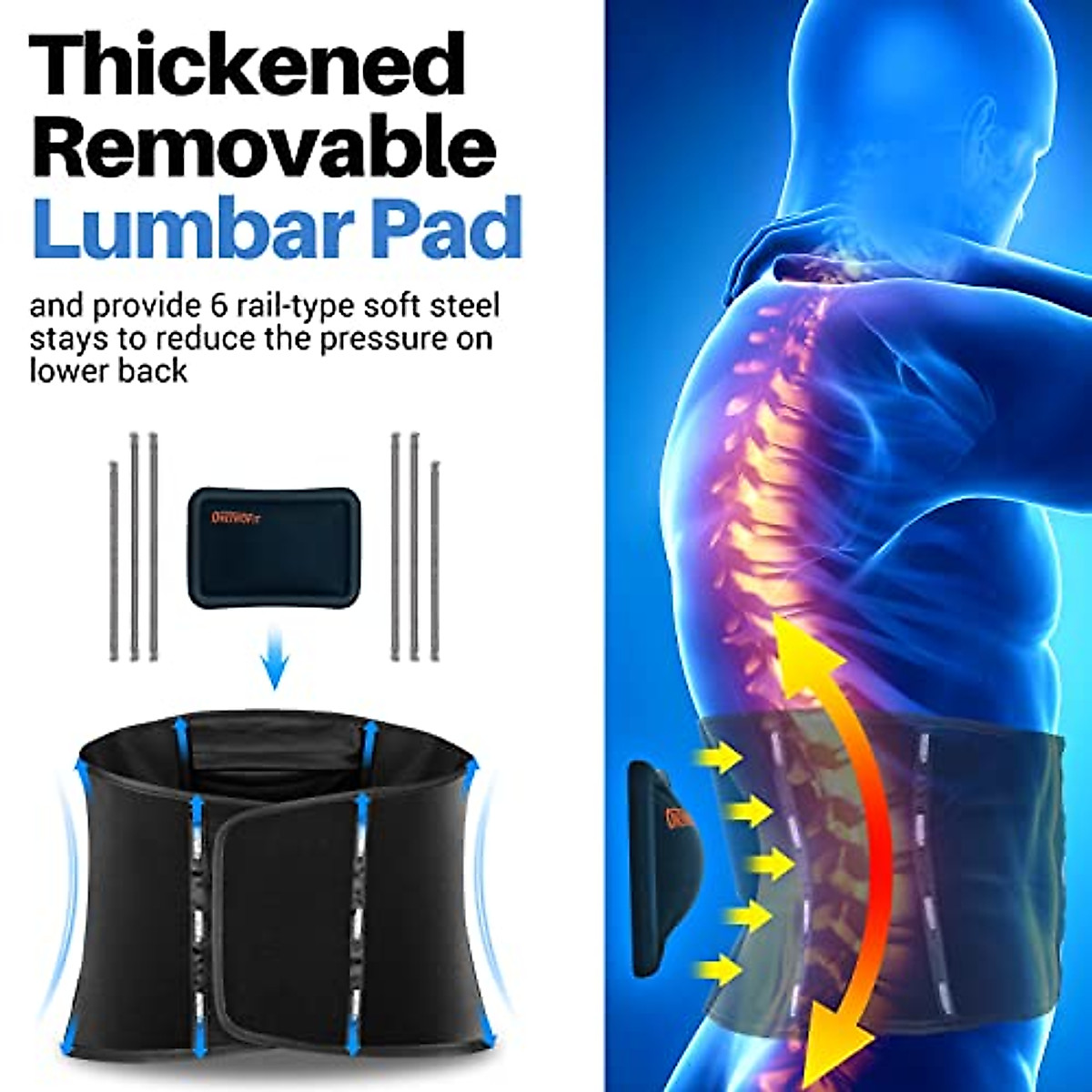 ONETWOFIT Lumbar Support Belt, Back Brace for Women Men, Back Support Belt with Lumbar Pad Black OT049801