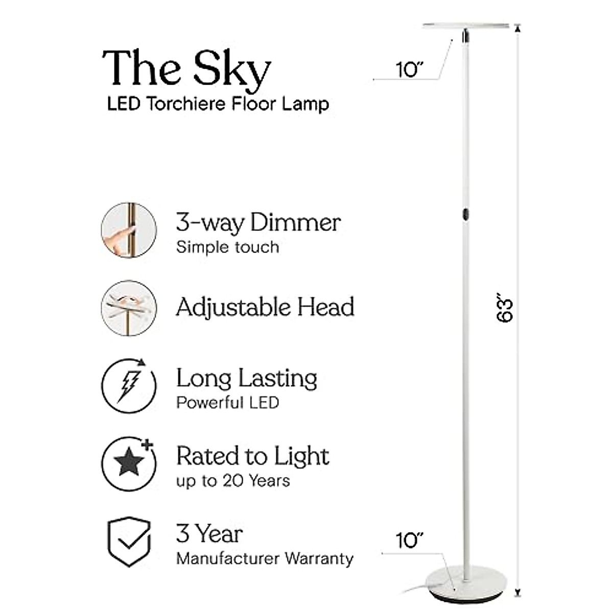 Brightech Sky LED Torchiere Super Bright Floor Lamp - Contemporary, High Lumen Light for Living Rooms and Offices - Dimmable, Indoor Pole Uplight for Bedroom Reading - White